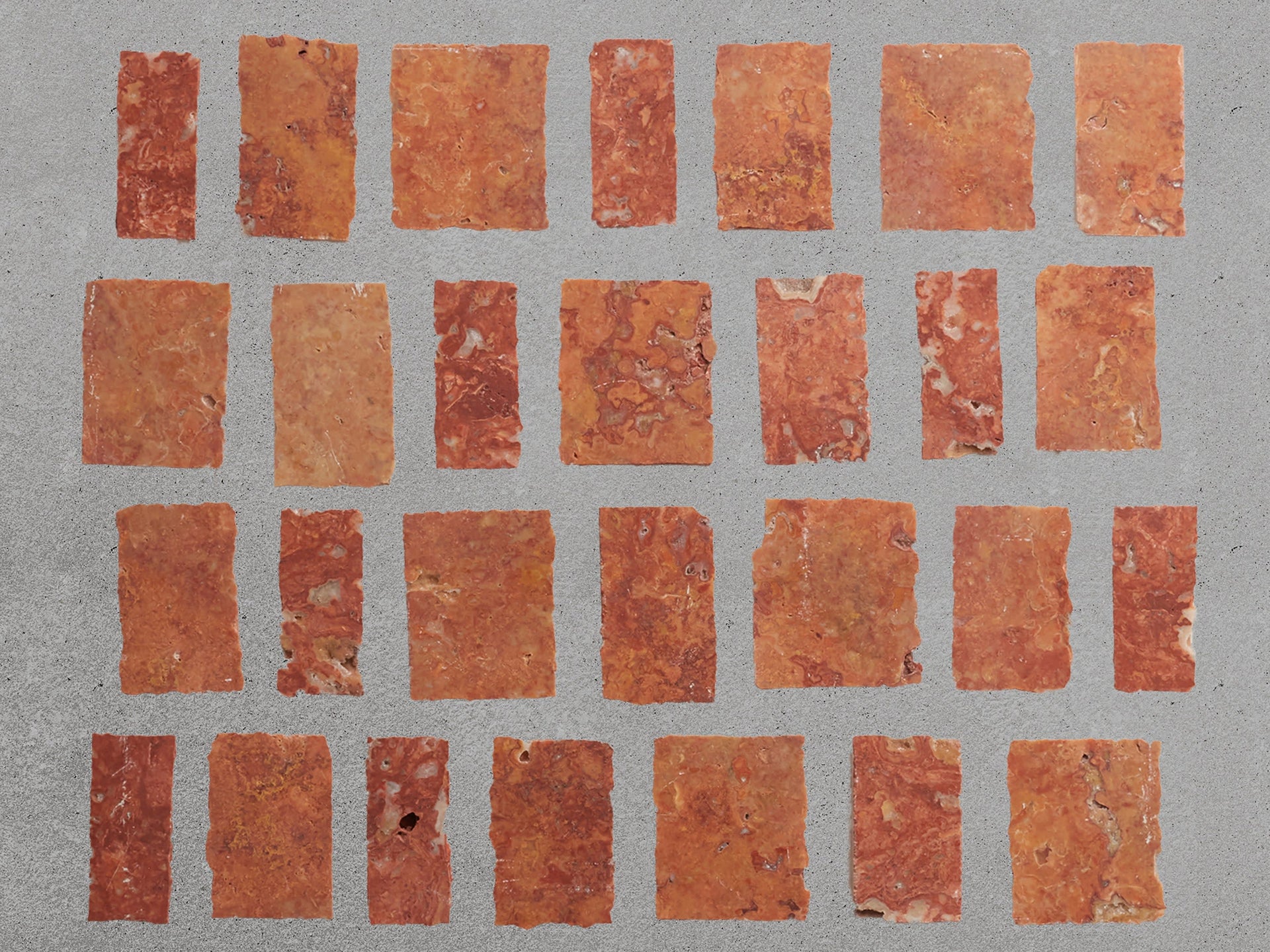 red travertine | rough cut mosaic tile | lapidary | clé tile